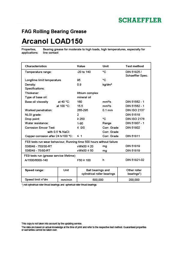 Datasheet Grease FAG Arcanol LOAD 150, 220, 400, 460, 1000 | Schaeffler ...